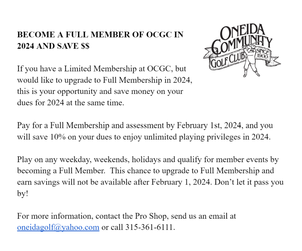 Membership/Rates - Oneida Community Golf Club